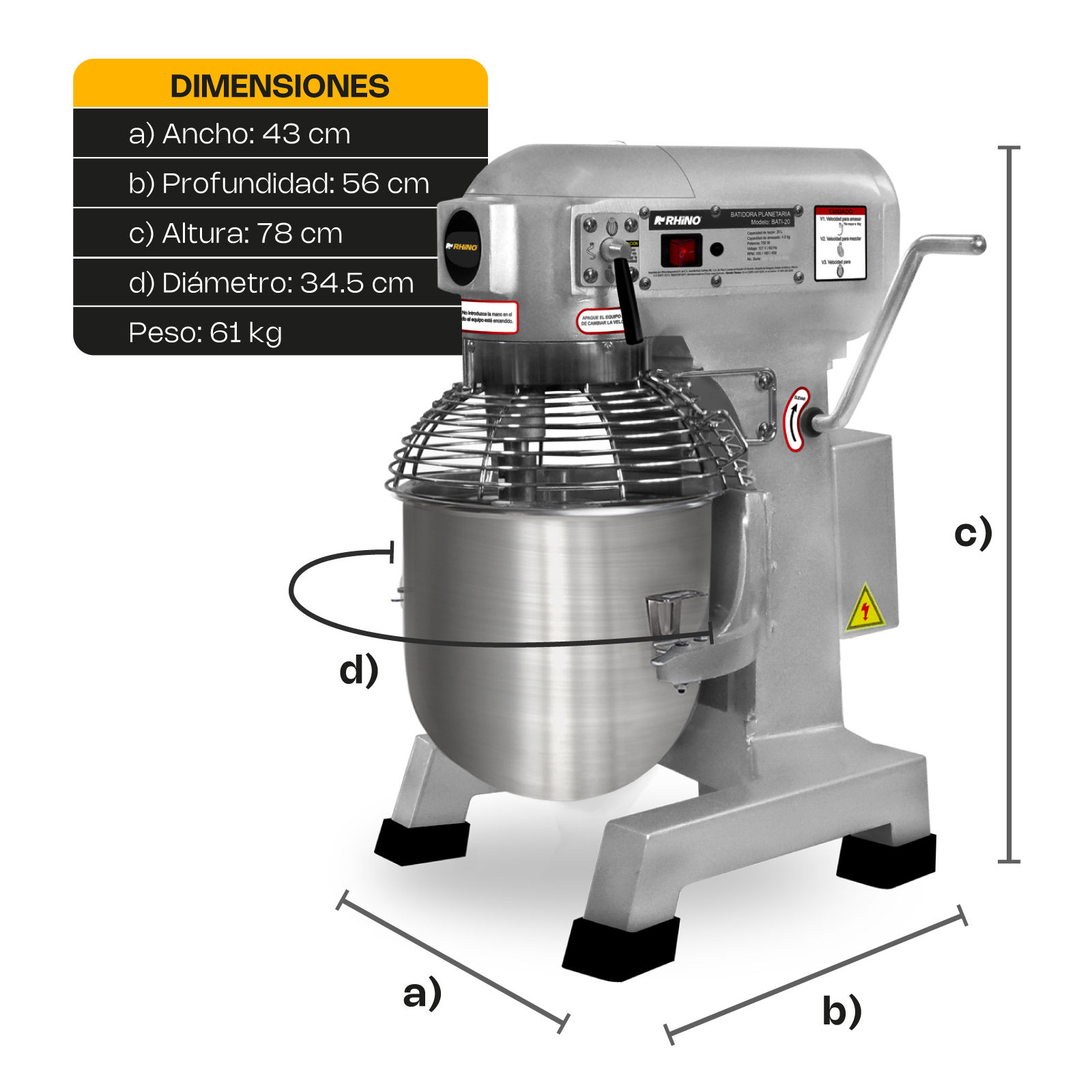 BATI-20 - Batidora Planetaria de 20 litros marca Rhino